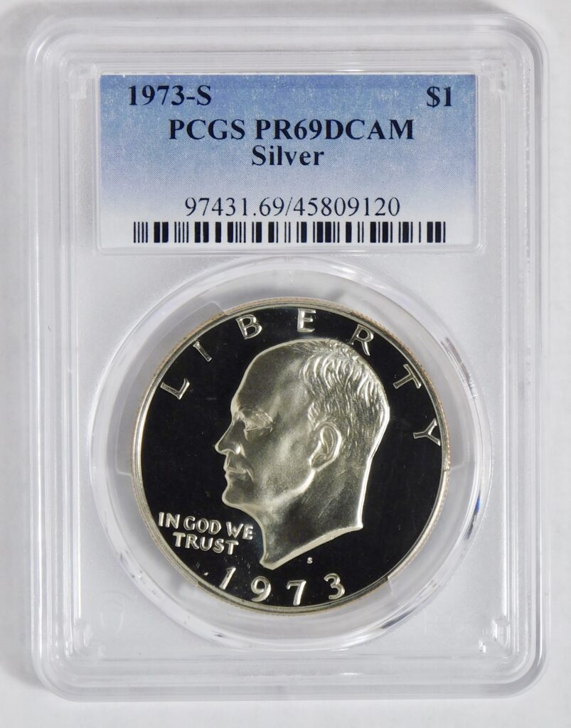 1973 S Silver Eisenhower “IKE” Dollar. Gem Proof 69DCAM – JJJ Coins